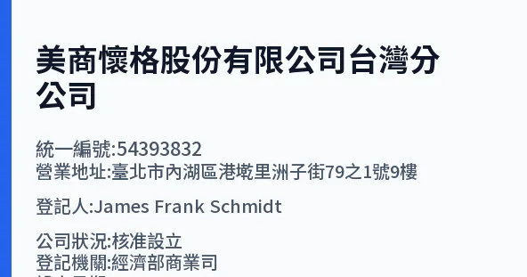 美商懷格股份有限公司台灣分公司的照片-統編 54393832(臺北市) 公司登記資料與營業項目詳細圖表