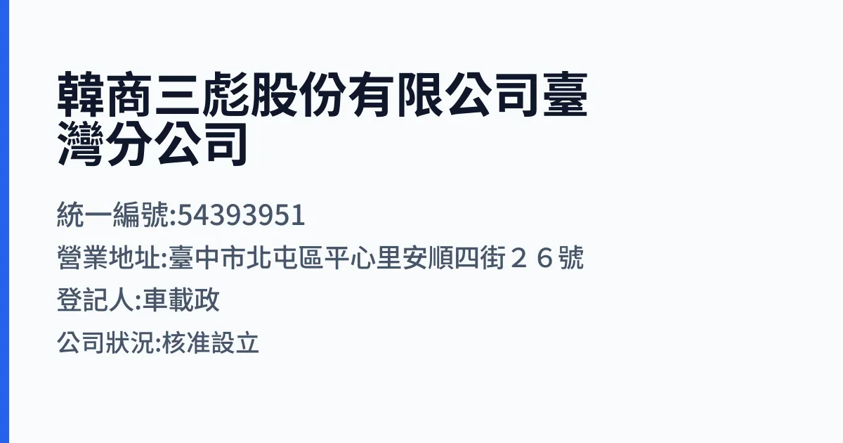 韓商三彪股份有限公司臺灣分公司 - 統編 54393951(臺中市) 公司登記資料與營業項目詳細圖表