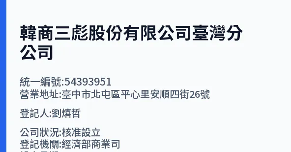 韓商三彪股份有限公司臺灣分公司的照片-統編 54393951(臺中市) 公司登記資料與營業項目詳細圖表