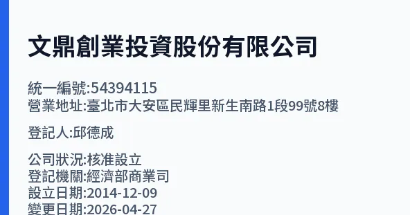 文鼎創業投資股份有限公司的照片-統編 54394115(臺北市) 公司登記資料與營業項目詳細圖表