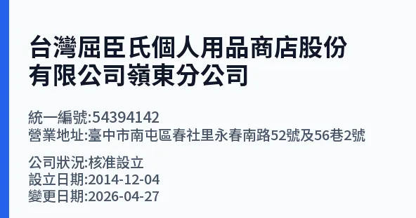 台灣屈臣氏個人用品商店股份有限公司嶺東分公司的照片-統編 54394142(臺中市) 公司登記資料與營業項目詳細圖表