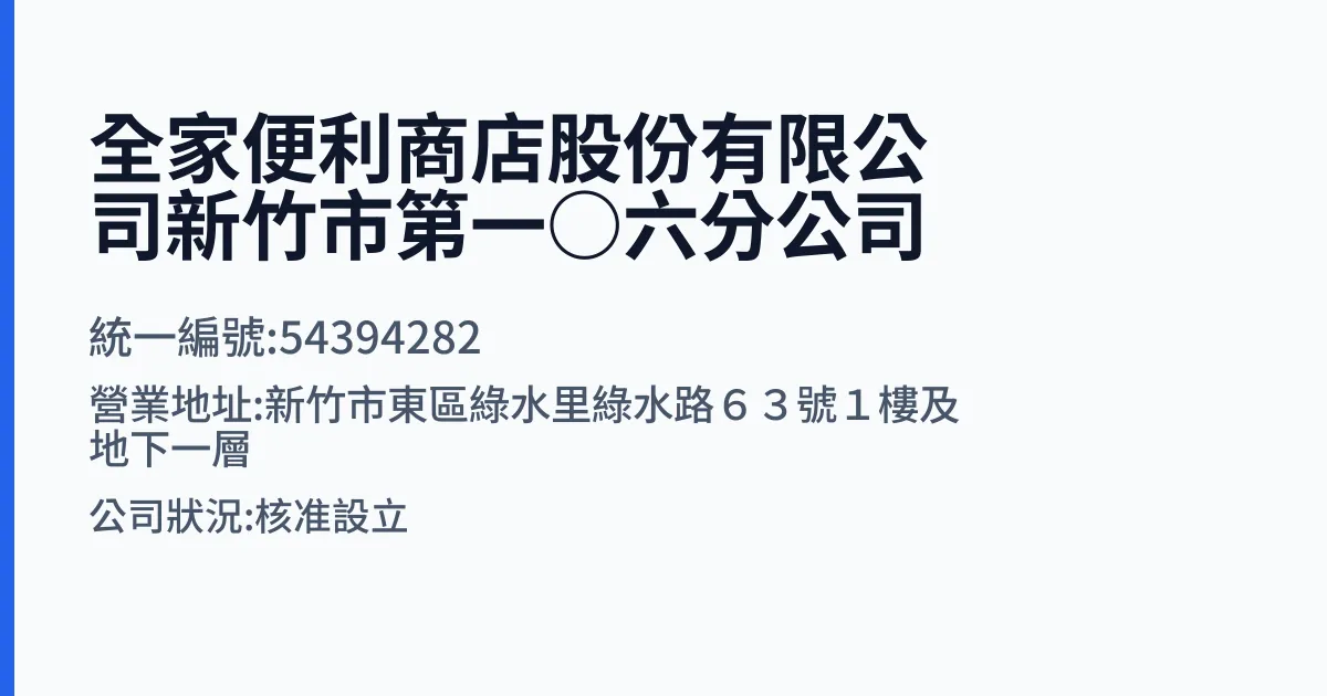 全家便利商店股份有限公司新竹市第一○六分公司 - 統編 54394282(新竹市) 公司登記資料與營業項目詳細圖表