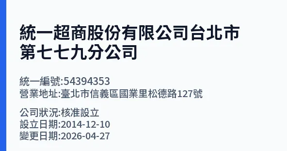 統一超商股份有限公司台北市第七七九分公司的照片-統編 54394353(臺北市) 公司登記資料與營業項目詳細圖表