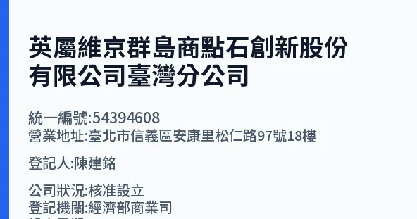 英屬維京群島商點石創新股份有限公司臺灣分公司的照片-統編 54394608(臺北市) 公司登記資料與營業項目詳細圖表