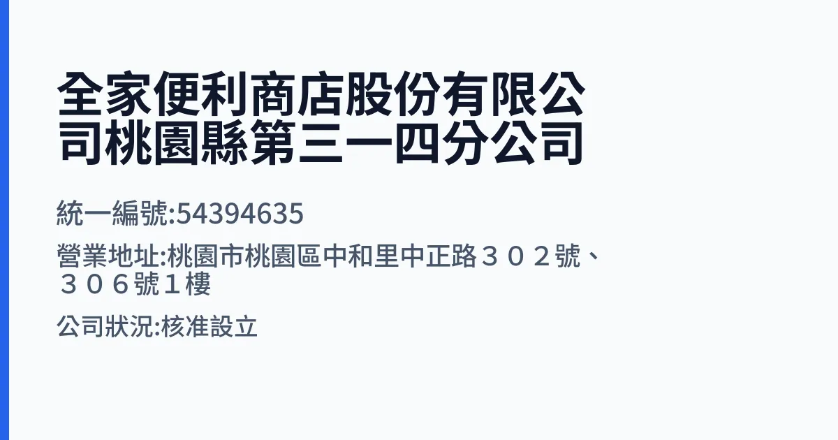 全家便利商店股份有限公司桃園縣第三一四分公司 - 統編 54394635(桃園市) 公司登記資料與營業項目詳細圖表