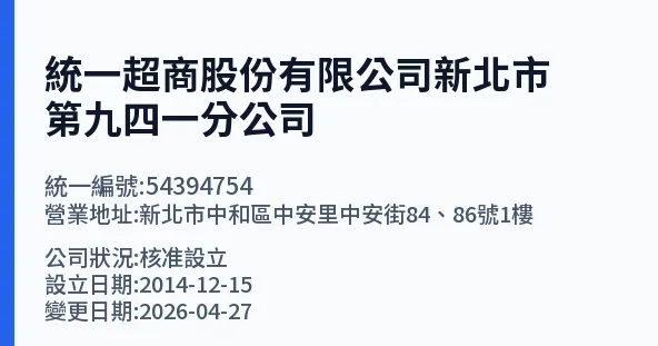 統一超商股份有限公司新北市第九四一分公司的照片-統編 54394754(新北市) 公司登記資料與營業項目詳細圖表