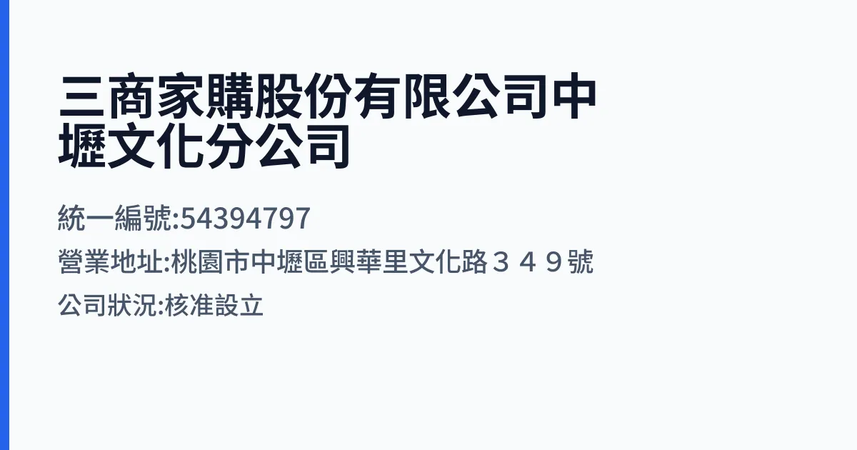 三商家購股份有限公司中壢文化分公司 - 統編 54394797(桃園市) 公司登記資料與營業項目詳細圖表