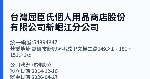 台灣屈臣氏個人用品商店股份有限公司新崛江分公司的照片-統編 54394847(高雄市) 公司登記資料與營業項目詳細圖表