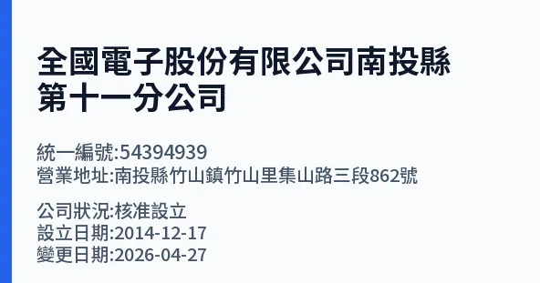 全國電子股份有限公司南投縣第十一分公司的照片-統編 54394939(南投縣) 公司登記資料與營業項目詳細圖表