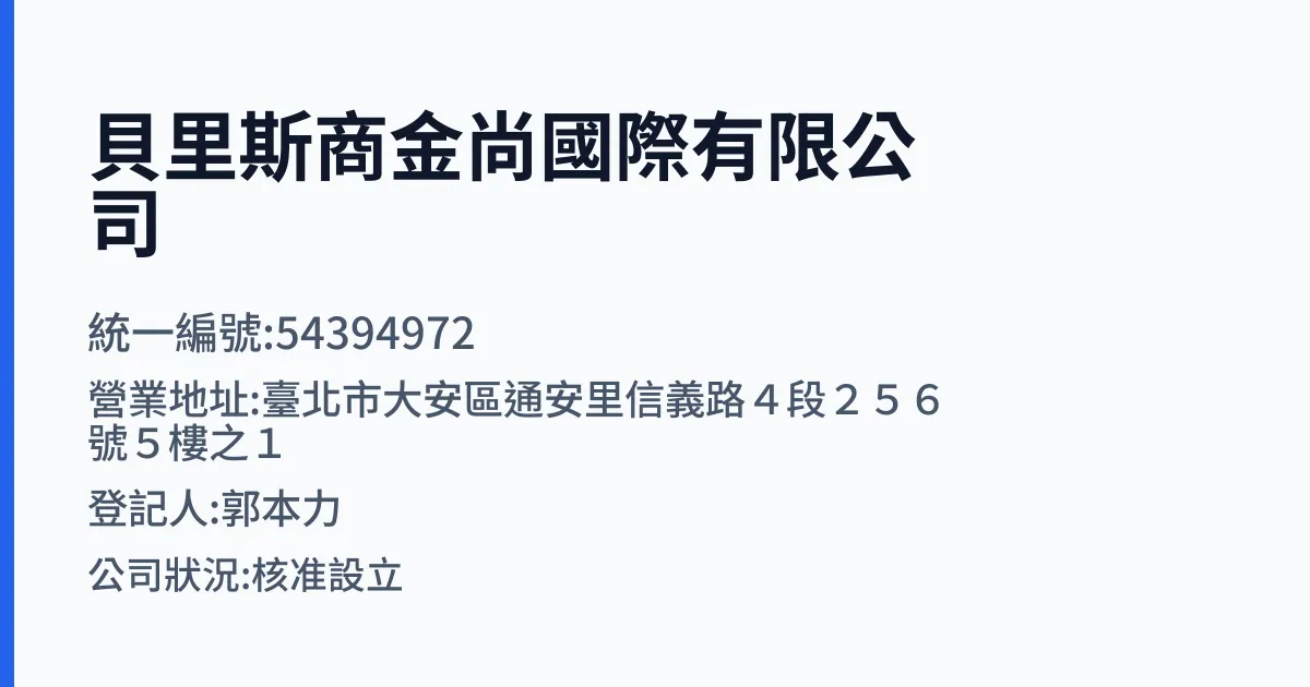 貝里斯商金尚國際有限公司 - 統編 54394972(臺北市) 公司登記資料與營業項目詳細圖表