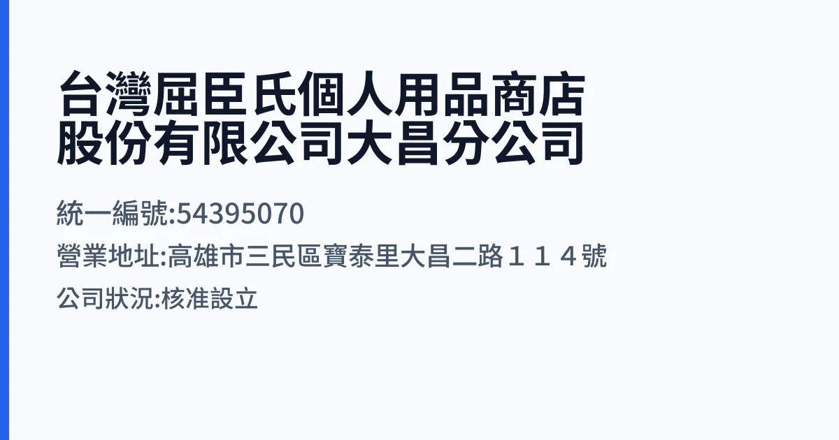 台灣屈臣氏個人用品商店股份有限公司大昌分公司 - 統編 54395070(高雄市) 公司登記資料與營業項目詳細圖表