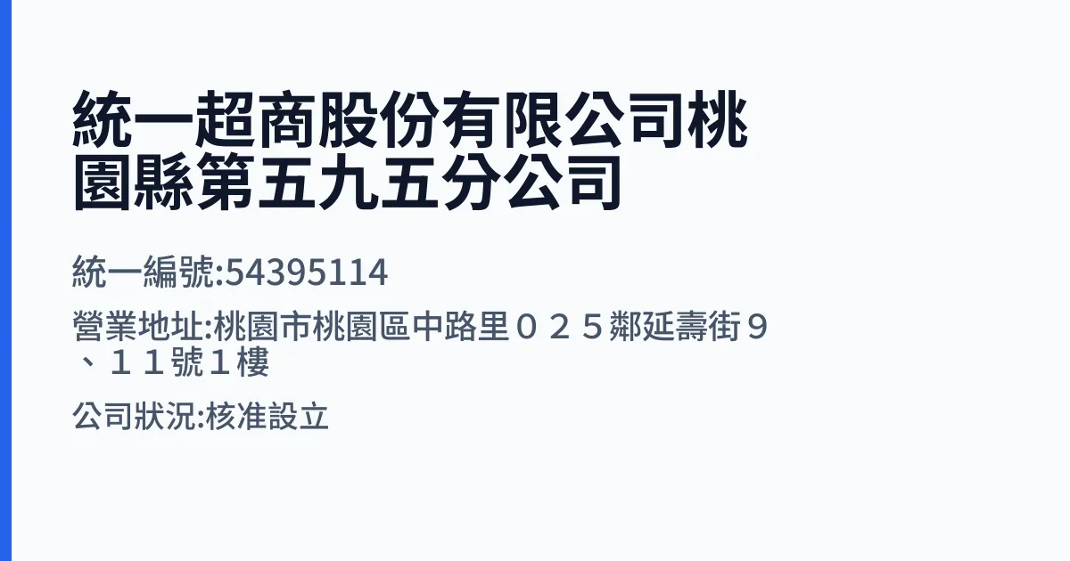 統一超商股份有限公司桃園縣第五九五分公司 - 統編 54395114(桃園市) 公司登記資料與營業項目詳細圖表