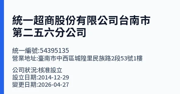 統一超商股份有限公司台南市第二五六分公司的照片-統編 54395135(臺南市) 公司登記資料與營業項目詳細圖表