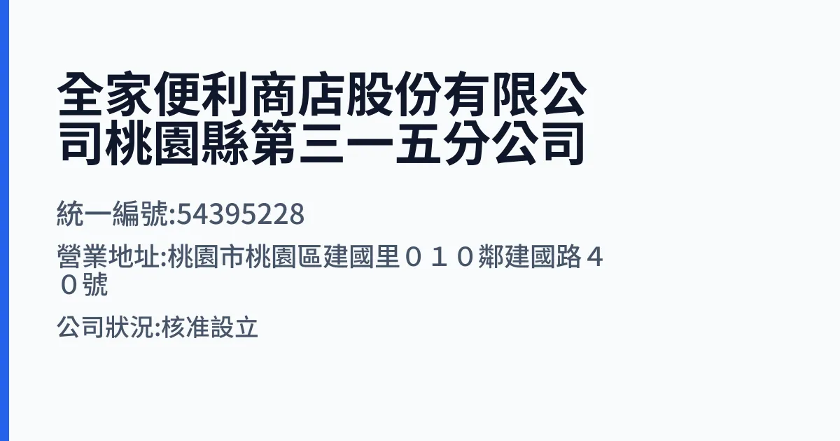 全家便利商店股份有限公司桃園縣第三一五分公司 - 統編 54395228(桃園市) 公司登記資料與營業項目詳細圖表