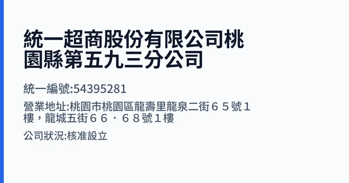 統一超商股份有限公司桃園縣第五九三分公司 - 統編 54395281(桃園市) 公司登記資料與營業項目詳細圖表