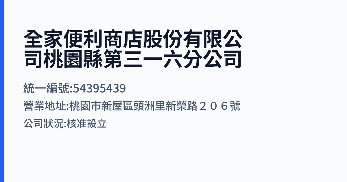 全家便利商店股份有限公司桃園縣第三一六分公司 - 統編 54395439(桃園市) 公司登記資料與營業項目詳細圖表