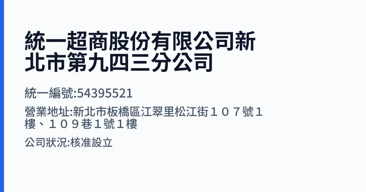 統一超商股份有限公司新北市第九四三分公司 - 統編 54395521(新北市) 公司登記資料與營業項目詳細圖表
