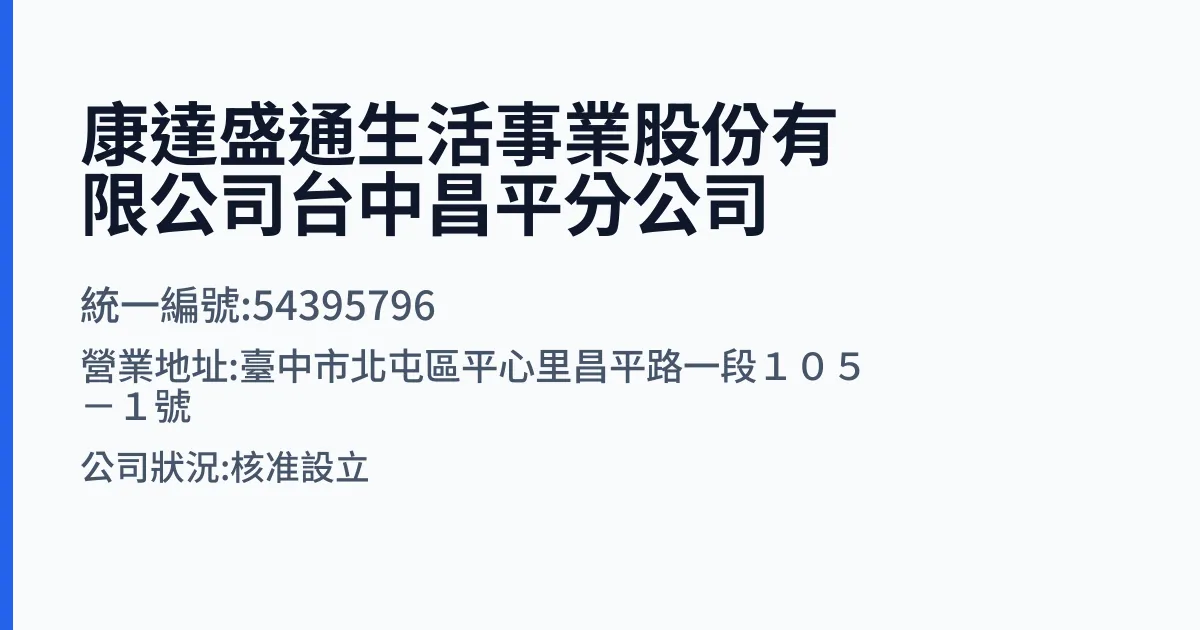 康達盛通生活事業股份有限公司台中昌平分公司 - 統編 54395796(臺中市) 公司登記資料與營業項目詳細圖表