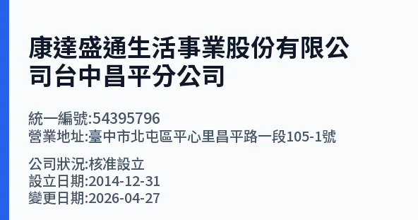 康達盛通生活事業股份有限公司台中昌平分公司的照片-統編 54395796(臺中市) 公司登記資料與營業項目詳細圖表