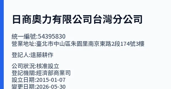 日商奧力有限公司台灣分公司的照片-統編 54395830(臺北市) 公司登記資料與營業項目詳細圖表