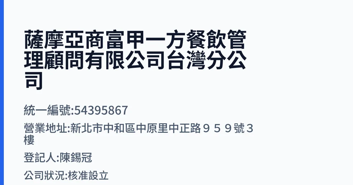 薩摩亞商富甲一方餐飲管理顧問有限公司台灣分公司 - 統編 54395867(新北市) 公司登記資料與營業項目詳細圖表