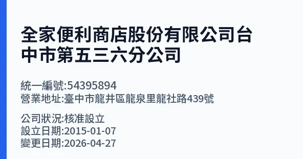 全家便利商店股份有限公司台中市第五三六分公司的照片-統編 54395894(臺中市) 公司登記資料與營業項目詳細圖表