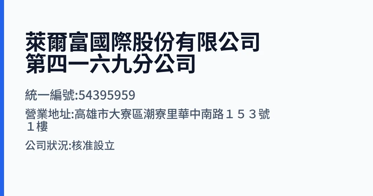 萊爾富國際股份有限公司第四一六九分公司 - 統編 54395959(高雄市) 公司登記資料與營業項目詳細圖表