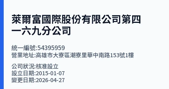 萊爾富國際股份有限公司第四一六九分公司的照片-統編 54395959(高雄市) 公司登記資料與營業項目詳細圖表
