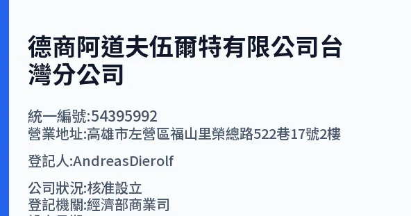 德商阿道夫伍爾特有限公司台灣分公司的照片-統編 54395992(高雄市) 公司登記資料與營業項目詳細圖表