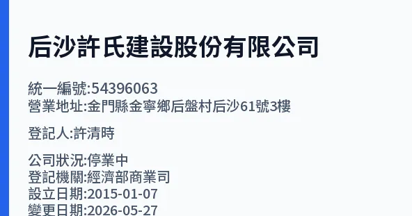 后沙許氏建設股份有限公司的照片-統編 54396063(金門縣) 公司登記資料與營業項目詳細圖表