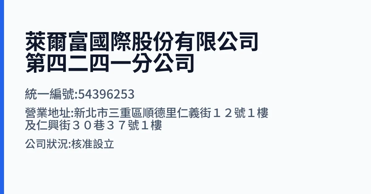 萊爾富國際股份有限公司第四二四一分公司 - 統編 54396253(新北市) 公司登記資料與營業項目詳細圖表