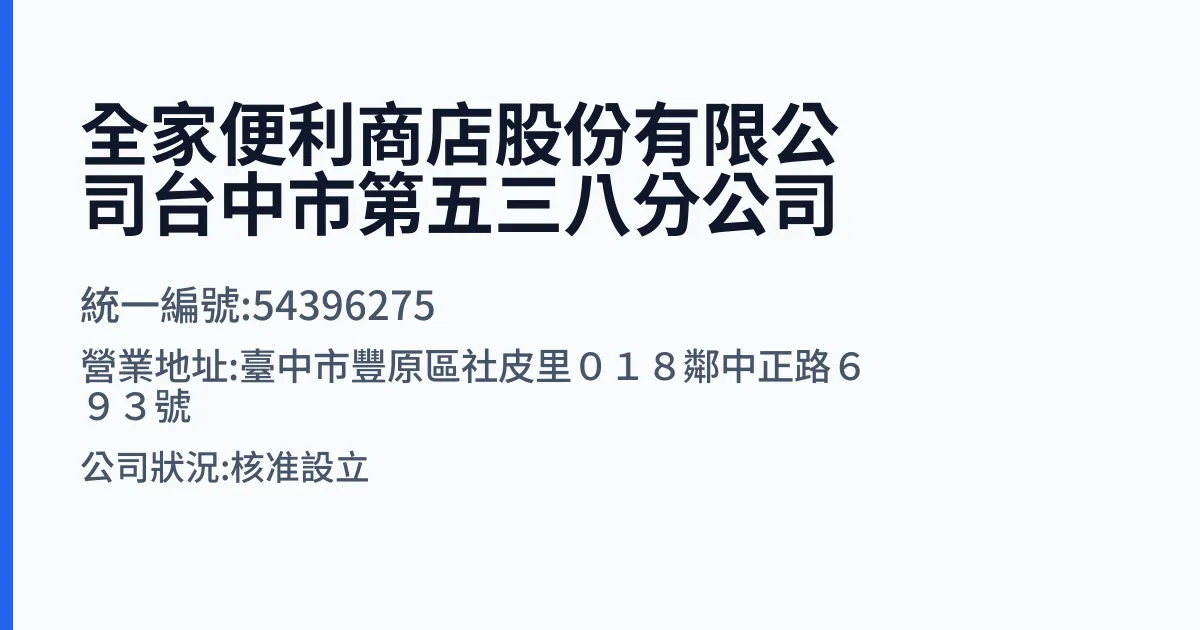 全家便利商店股份有限公司台中市第五三八分公司 - 統編 54396275(臺中市) 公司登記資料與營業項目詳細圖表
