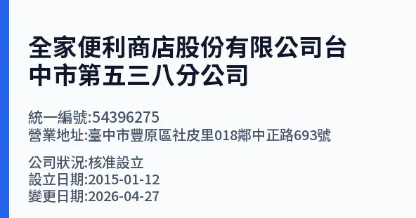 全家便利商店股份有限公司台中市第五三八分公司的照片-統編 54396275(臺中市) 公司登記資料與營業項目詳細圖表