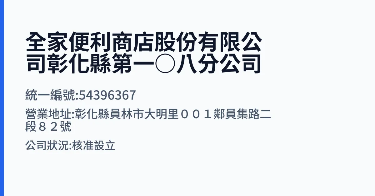 全家便利商店股份有限公司彰化縣第一○八分公司 - 統編 54396367(彰化縣) 公司登記資料與營業項目詳細圖表