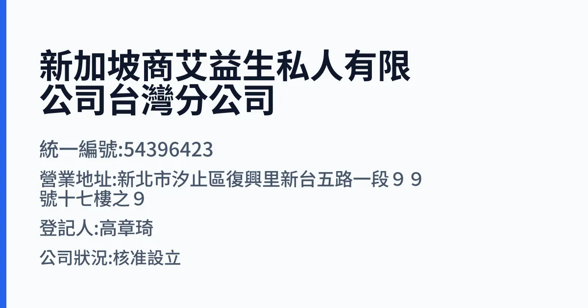 新加坡商艾益生私人有限公司台灣分公司 - 統編 54396423(新北市) 公司登記資料與營業項目詳細圖表