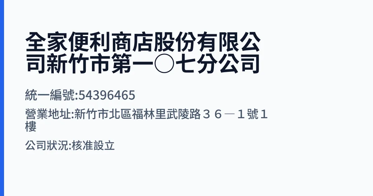 全家便利商店股份有限公司新竹市第一○七分公司 - 統編 54396465(新竹市) 公司登記資料與營業項目詳細圖表