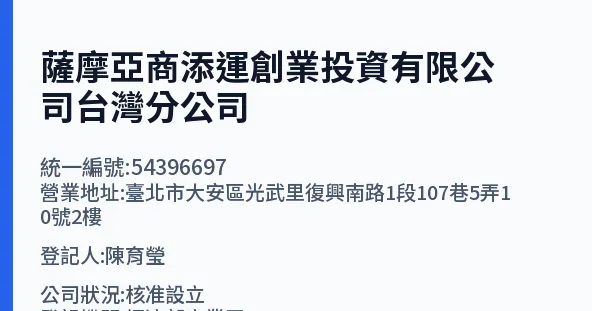 薩摩亞商添運創業投資有限公司台灣分公司的照片-統編 54396697(臺北市) 公司登記資料與營業項目詳細圖表