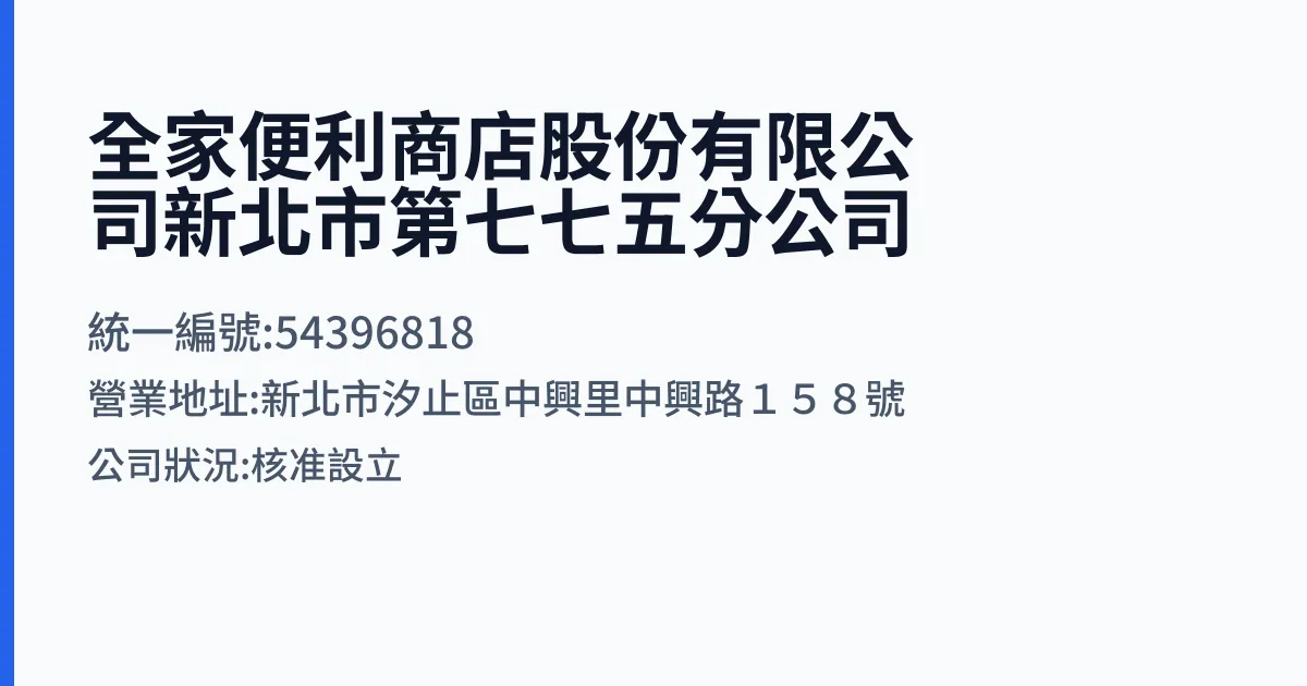 全家便利商店股份有限公司新北市第七七五分公司 - 統編 54396818（新北市） 公司登記資料與營業項目詳細圖表