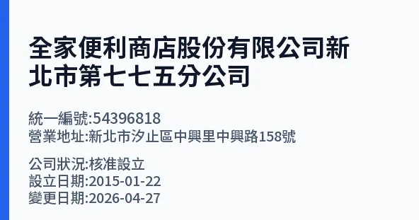全家便利商店股份有限公司新北市第七七五分公司的照片-統編 54396818(新北市) 公司登記資料與營業項目詳細圖表