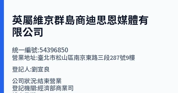 英屬維京群島商迪思恩媒體有限公司的照片-統編 54396850(臺北市) 公司登記資料與營業項目詳細圖表