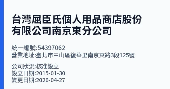 台灣屈臣氏個人用品商店股份有限公司南京東分公司的照片-統編 54397062(臺北市) 公司登記資料與營業項目詳細圖表