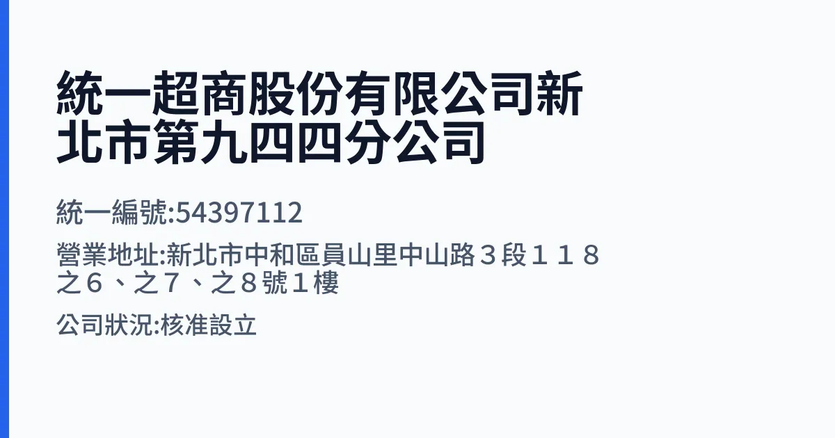統一超商股份有限公司新北市第九四四分公司 - 統編 54397112（新北市） 公司登記資料與營業項目詳細圖表