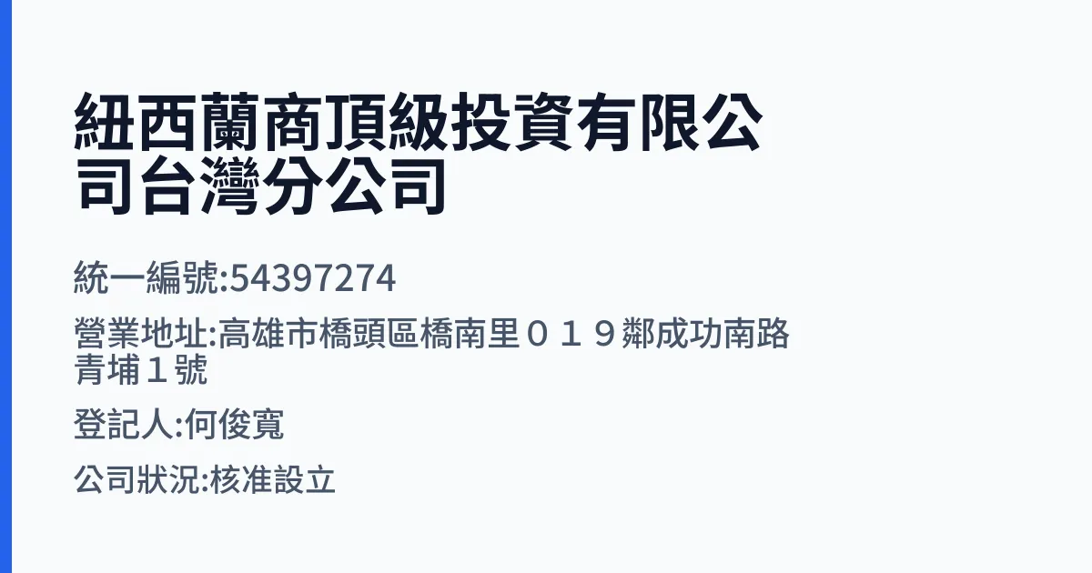 紐西蘭商頂級投資有限公司台灣分公司 - 統編 54397274(高雄市) 公司登記資料與營業項目詳細圖表