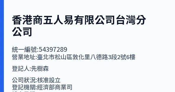 香港商五人易有限公司台灣分公司的照片-統編 54397289(臺北市) 公司登記資料與營業項目詳細圖表