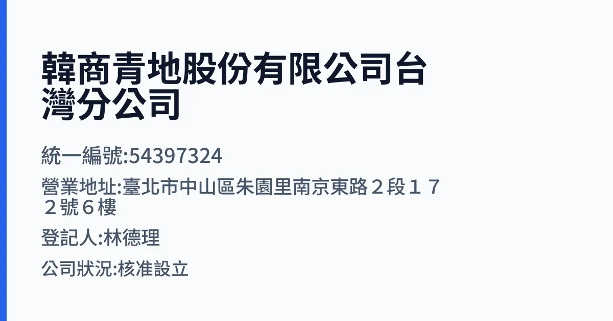 韓商青地股份有限公司台灣分公司 - 統編 54397324(臺北市) 公司登記資料與營業項目詳細圖表