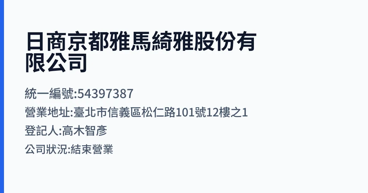 日商京都雅馬綺雅股份有限公司 - 統編 54397387(臺北市) 公司登記資料與營業項目詳細圖表