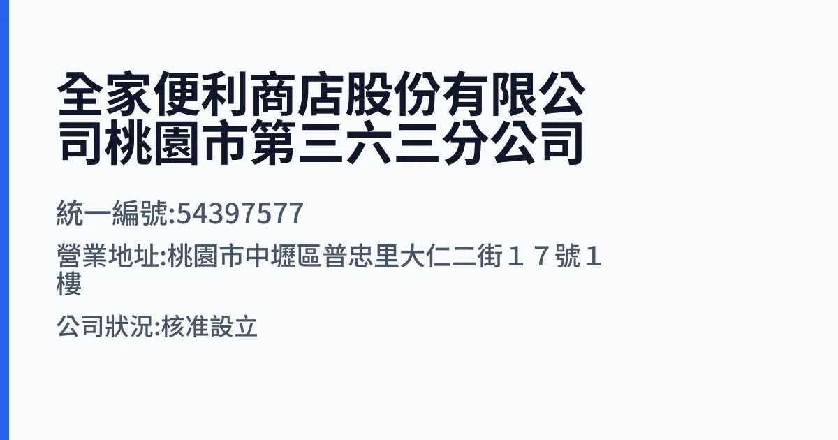 全家便利商店股份有限公司桃園市第三六三分公司 - 統編 54397577（桃園市） 公司登記資料與營業項目詳細圖表