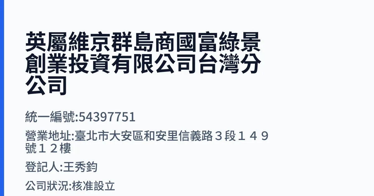 英屬維京群島商國富綠景創業投資有限公司台灣分公司 - 統編 54397751(臺北市) 公司登記資料與營業項目詳細圖表