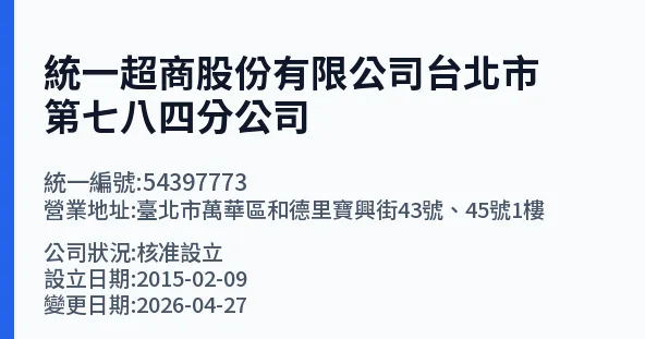 統一超商股份有限公司台北市第七八四分公司的照片-統編 54397773(臺北市) 公司登記資料與營業項目詳細圖表