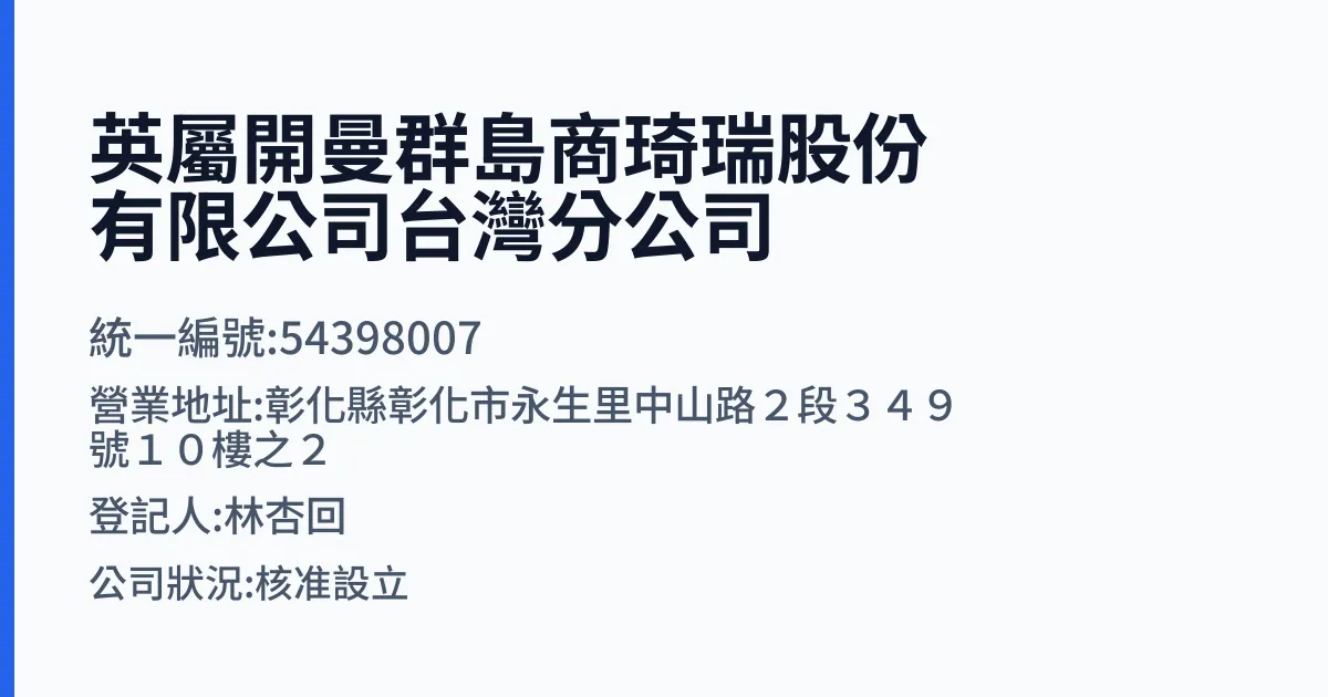 英屬開曼群島商琦瑞股份有限公司台灣分公司 - 統編 54398007(彰化縣) 公司登記資料與營業項目詳細圖表